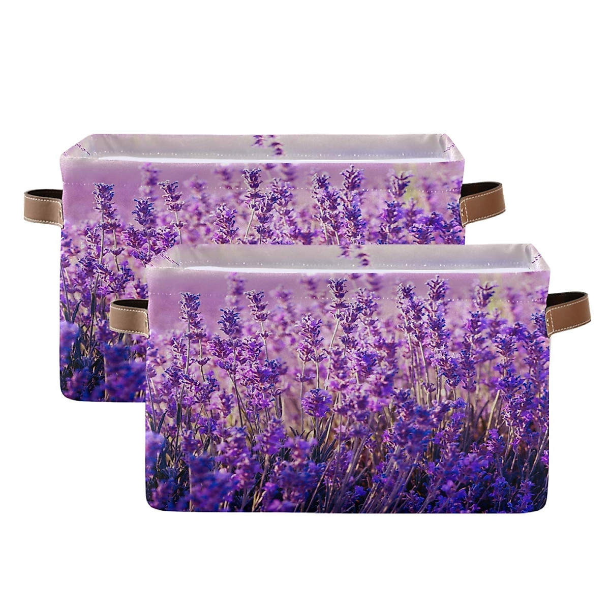 AUUXVA Storage Basket Purple Lavender Field Storage Cube Box Durable Canvas Collapsible Toy Basket Organizer Bin with Handles for Shelf Closet Bedroom Home Office