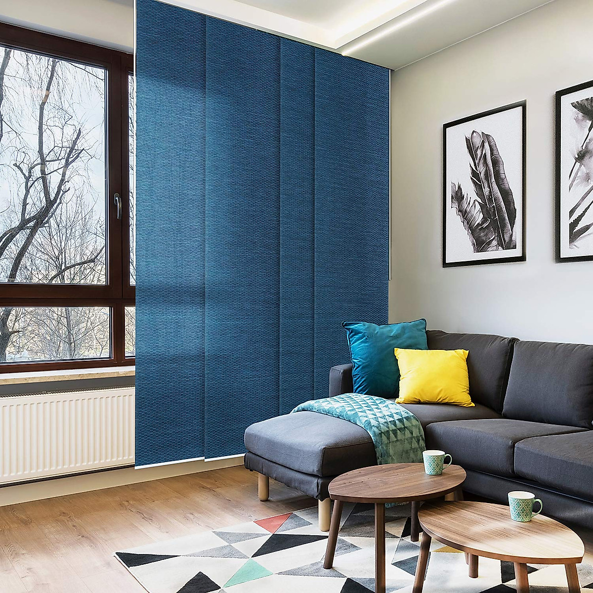 GoDear Design Adjustable Vertical Blinds for Sliding Glass Doors 45.8"- 86" W x 96" H, Extendable Sliding Panel Track Blinds for Windows, Blue Shimmering Trimmable Fabric Panels, Semi-Sheer, Sapphire
