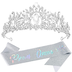 Velscrun Prom Queen Sash Silver Crowns Tiara Shiny Satin for Adults Halloween Cosplay Favors Prom Decorations for Party Prom Hair Accessories Graduation Party Decorations Graduation Party Supplies