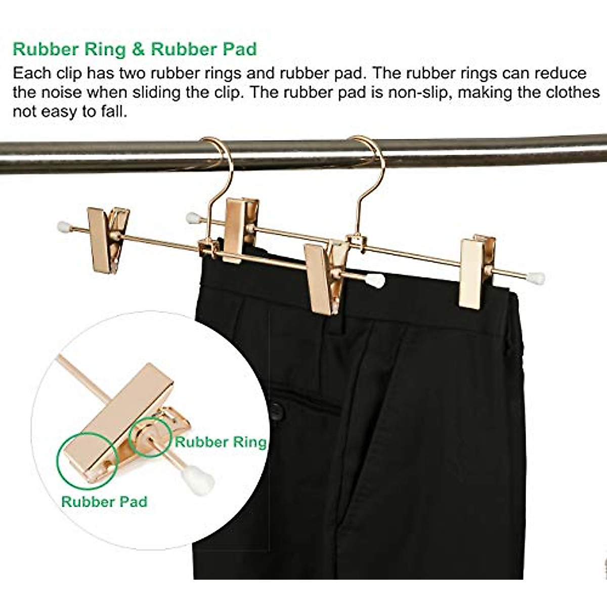 Amber Home 12 Inch Real Rose Gold Metal Pants Skirts Hangers 12 Pack, Sturdy for Slacks Trousers with 2 Adjustable Non Slip Clips and Swivel Hook (12 Pack)