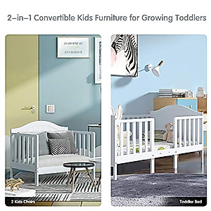 Costzon 2 in 1 Convertible Toddler Bed, Classic Wood Kids Bed w/2 Side Guardrails, Footboard for Extra Safety, Children Bed Frame Convert to Two Chairs/Sofa/Cribs, Gift for Boy Girl (White)