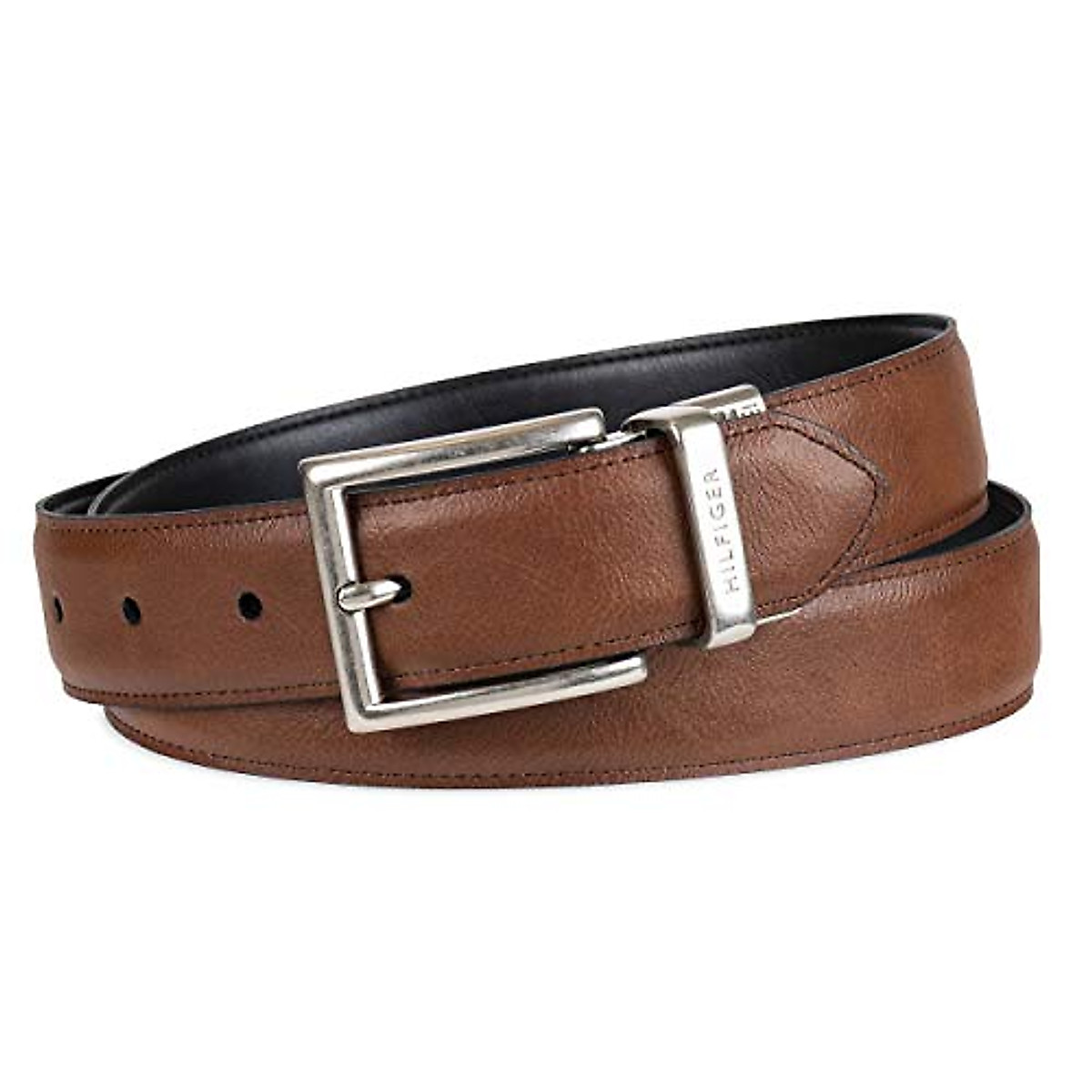 Tommy Hilfiger Men's Reversible Leather Belt - Casual for Mens Jeans with Double Sided Strap and Silver Buckle , cognac/black, 34