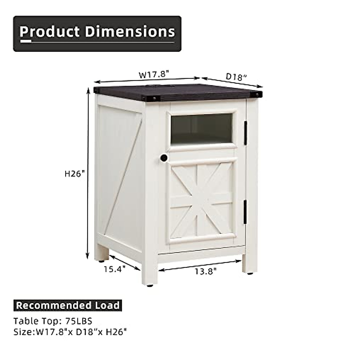 JXQTLINGMU Farmhouse End Table with Charging Station, 18'' Rustic Nightstand with Barn Door & Adjustable Shelf, Wooden Sofa Side Table with 3-Tier Storage for Living Room, Bedroom, White