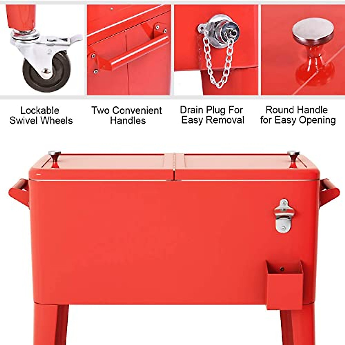 Giantex 80 Quart Rolling Cooler Cart, Steel Patio Cooler with Locking Wheels, Bottle Opener, Drain Plug, Outdoor Beverage Bar Cooler Trolley Ice Chest for Party Cookouts Backyard BBQ (Red)