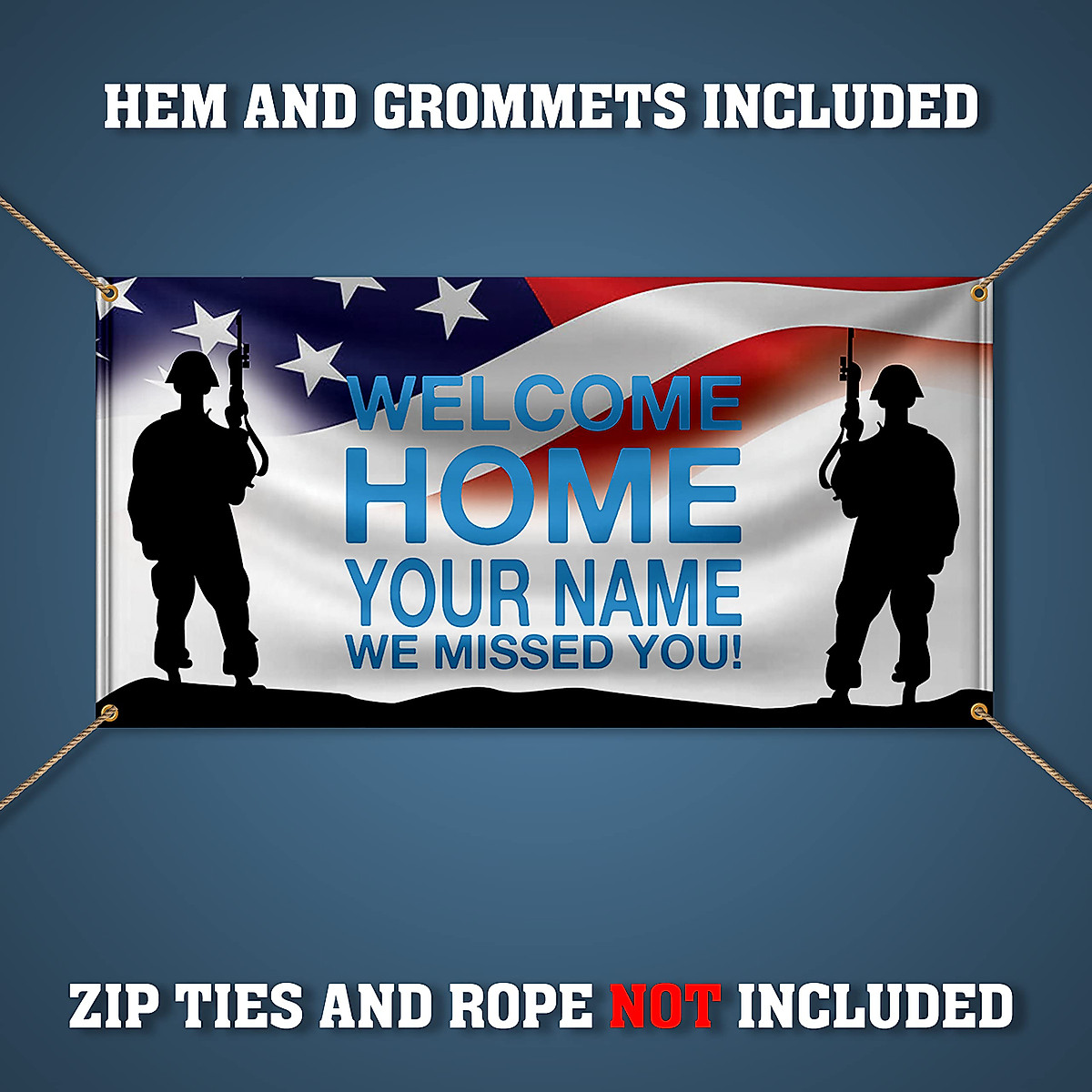 BannerBuzz Vinyl Banner, Welcome Home We Missed You Soldier, PVC Flex, 11 oz, Hemmed Edges with Grommets, Single Sided Print, Full Color 600DPI Eco Solvent Printing (10' W X 4' H)