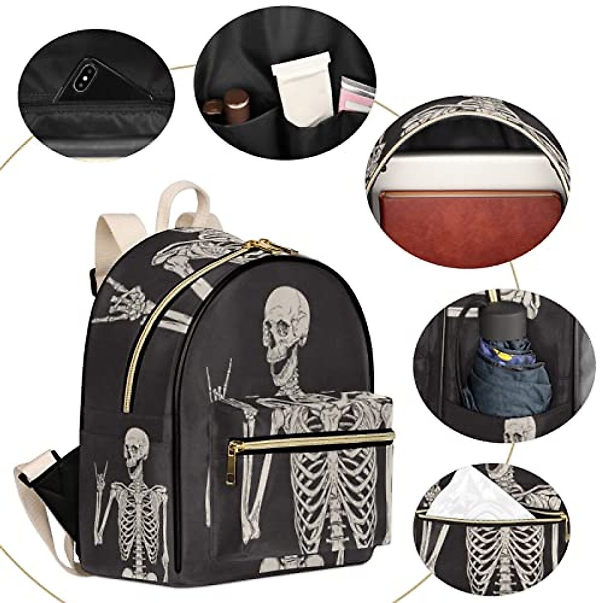Funky Qiu Backpack Purse for Woman Rock Skeleton Skull PU Leather Fashion Mini Backpack Casual Bag for Woman Girls