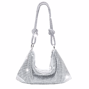 YUEARN Rhinestone Purse for Women, Sparkly Purse Evening Bag Bling Hobo Bag Shiny Silver Handbag for Clubs & Parties