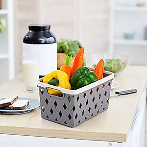 Yesland 9 Pack Plastic Storage Basket Bins, 8.5 x 5.8 x 4.8 Inch Organizing Book Bins Baskets with Handle, Small Stackable Plastic Basket for Classroom or Home Organizing - Blue, White, Grey