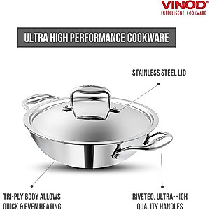 Vinod Platinum Kadai Triply Stainless Steel | Suitable For Indian Cooking, Sauces, Stews, Soups | Deep/Extra Deep Kadai With Lid | Induction, Electric Friendly (Extra Deep Kadai, 24cm)