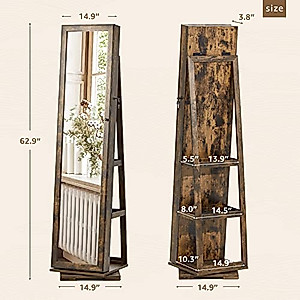 SERWALL 360 Rotating Jewelry Stand Organizer - Jewelry Armoire with Full-Length Mirror- Freestanding Dressing Mirror Jewelry Cabinet Storage - RUSTIC BROWN