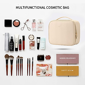 Vlando Makeup Bag,Gifts for Women Travel Makeup Bag Organizer Leather Make up Storage Bag for Women Adjustable Dividers Make up Brushes Case for Valentine's Day Birthday-white