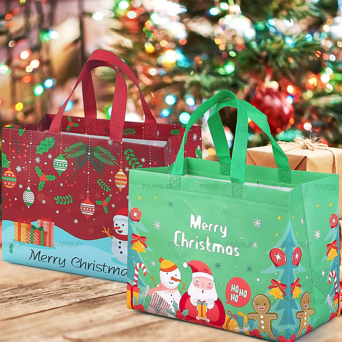 PARSUP 8PCS Christmas Gift Bags,Christmas Tote Bags with Handles, Christmas Treat Bags, Multifunctional Non-Woven Christmas Bags for Gifts Wrapping Shopping, Xmas Party Supplies, 12.8"×9.8"×6.7"