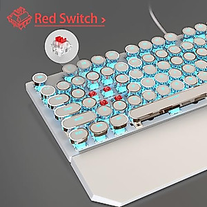 Typewriter Mechanical Gaming Keyboard and Mouse Combo, Retro Punk Round Keycap Blue LED Backlit USB Wired Computer Keyboard for Game and Office, for Windows Laptop PC, Red Switches(White)
