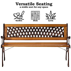 Gardenised QI003462L Outdoor Classical Wooden Slated Park, Steel Frame Seating Bench for Yard, Patio, Garden, Balcony, and Deck, Brown