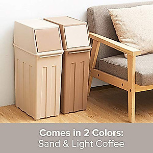 Large Capacity (30L) Trash Can - 8 Gallon Trash Can w/ Hinged Flap Cover - 11.8" x 7.5" x 24.6" Slim Trash Can with Lid - Indoor/Outdoor Swing Door Waste Basket - Tall Trash Bin in Light Coffee