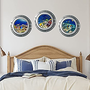 Erllsino 3Pcs Ocean World Wall Stickers 3D Porthole Under The Sea Wall Sticker Sea Life Wall Decals Removable Fish Coral Reef Wall Stickers Ocean Animal Wall Decal Mural for Room Nursery