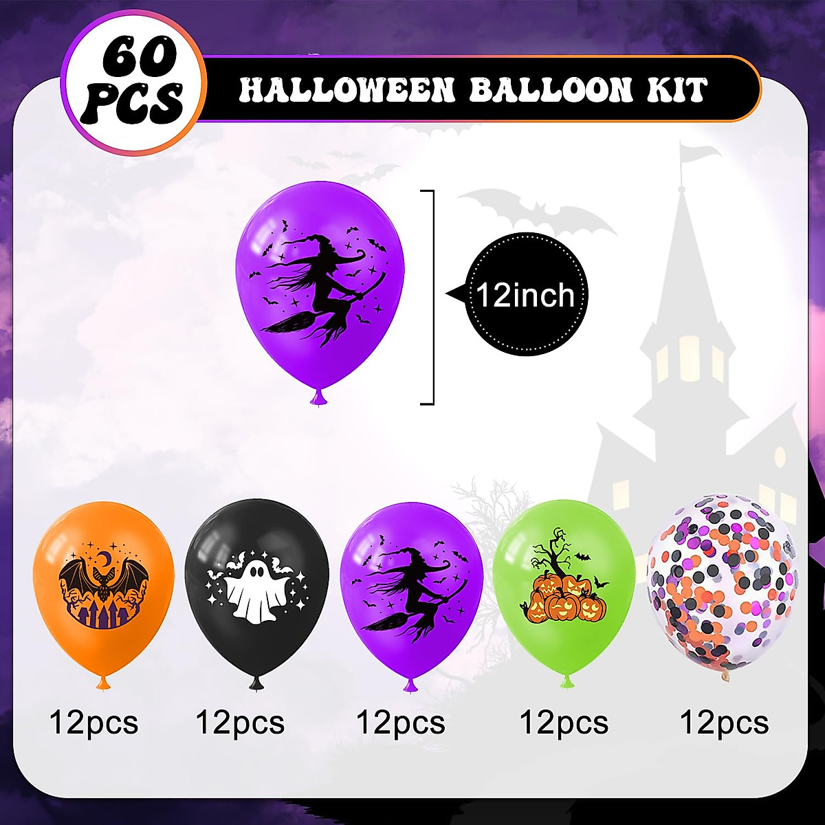 KORHONEN Halloween Balloon, 60Pcs Halloween Party Decorations 12Inch Purple Orange Green Black Confetti Latex Balloons for Halloween Party Supplies