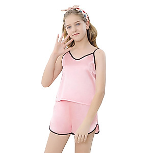 Schbbbta Pajamas for Girl Silk Sleepwear Satin Cami Shorts Matching Pj Set Nightwear, F Pink, 11-12 Years = Tag 160