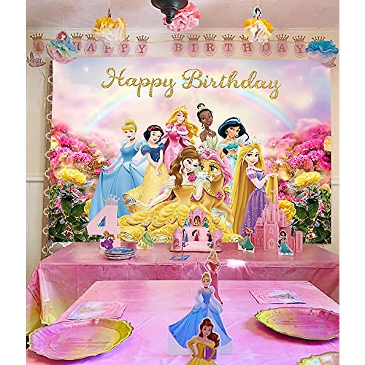 Betta Princess Happy Birthday Backdrop Colorful Rainbow Flowers Photo Backdrop Cartoon Fairy Tale Little Girl Princess Birthday Party Background Multicolor Glitter Photography Background 7x5ft