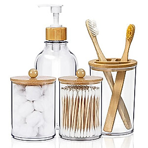 SGHUO Bamboo Bathroom Accessories Sets of 4, Soap Dispenser, 2 Qtip Holder Jars, Toothbrush Holder, Bathroom, Boho Decor
