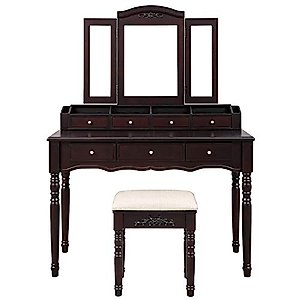 VASAGLE Vanity Makeup Set with 7 Drawers, 2 Brush Slots and 4 Open Compartments, Tri-Folding Mirror, Dark Espresso