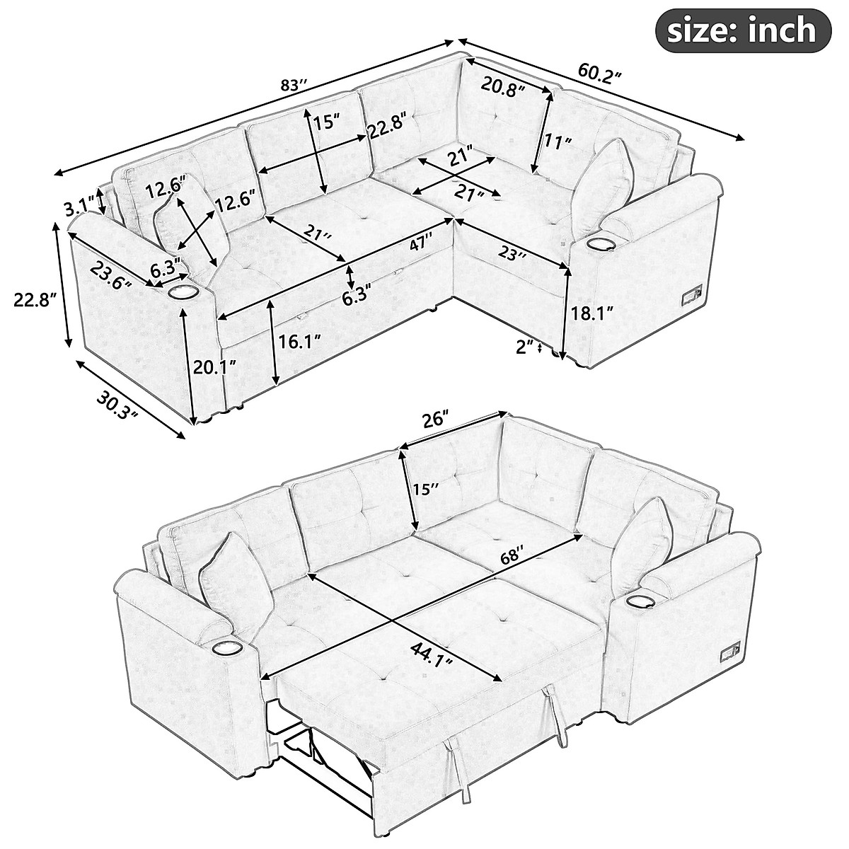 P PURLOVE Sectional Sofa with Pull-Out Sofa Bed, Boucle L-Shape Sleeper Sofa with Wheels, USB Charging Port and Power Sockets, Modern Upholstered Couch for Living Room, Bedroom, Apartment (Beige)