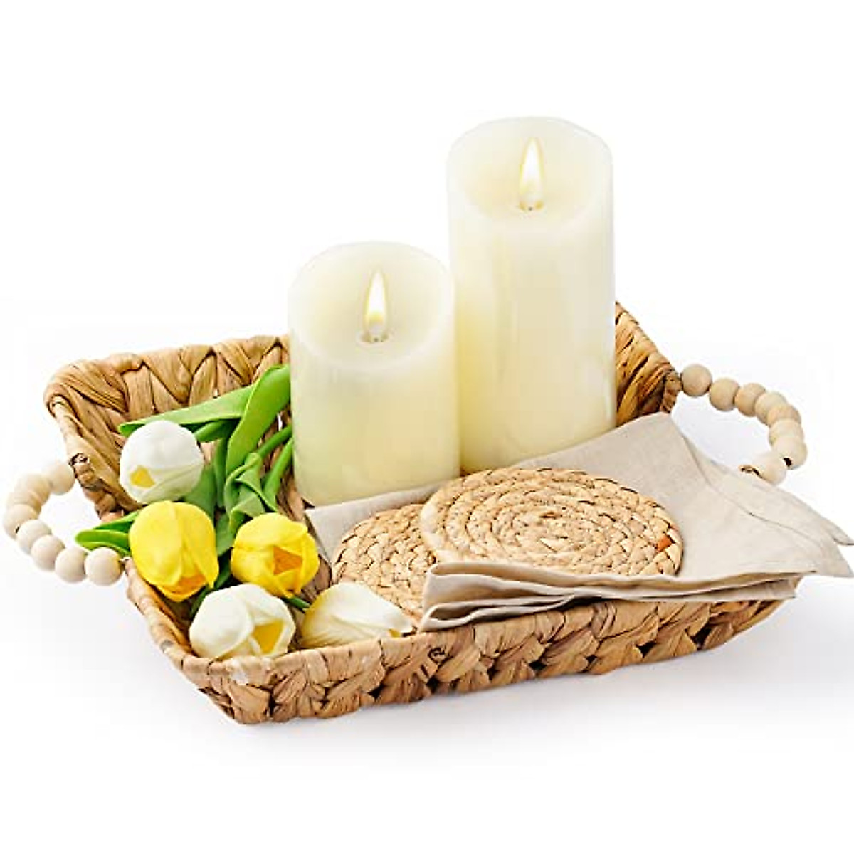 Decorative Tray Square Woven Storage Baskets with Wood Bead Handles Boho Coffee Table Decor Hand-Woven Wicker Serving Tray for Coffee/Fruit