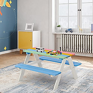Mederra Rainbow Kids Picnic Table for Outdoor, Wooden Table & Chair Set, Kids Activity Sensory Table