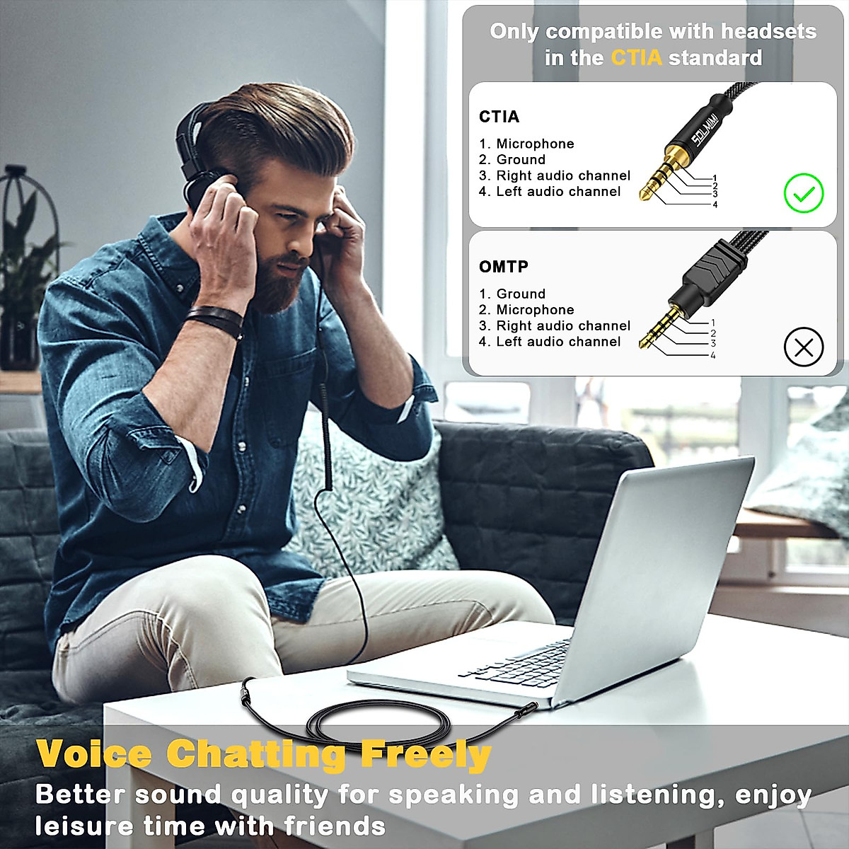 SOLMIMI 3.5 mm Headphone Extension Cable, TRRS 4-Pole Male to Female Headset Audio Extension Cable AUX Cord for Phones, Gaming headsets, TV, Laptop, PC, Car Audio, Speakers, MP3(7 Feet)