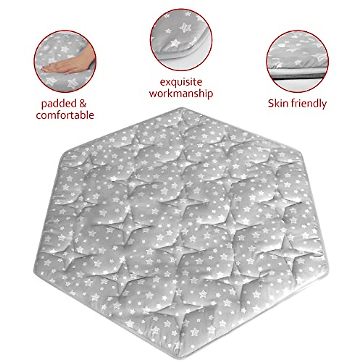 Hexagon Playpen Mat Compatible with POP 'N GO Baby Playpen, 59 Inch Hexagon Playpen Mattress Pad, Non Slip and Cushion Play Mat Grey with Star Print
