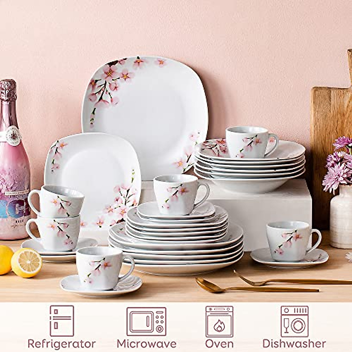 VEWEET, Series Annie, 30-Piece Porcelain Dinnerware Set with Pink Floral Pattern, White Plates and Bowls Sets including Dinner Plates, Dessert Plates, Soup Plates Set, Cups & Saucers, Dishes Set for 6