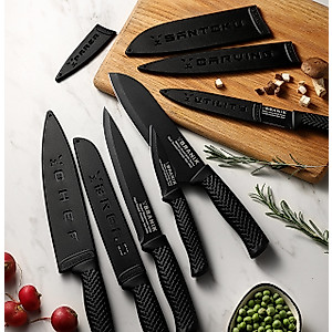 BRANIK 6Pc Black Kitchen Knife Set with Protective Sheaths & Giftbox, Premium German Steel with Special Non-Stick Coating making them Dishwasher Safe. Sharp black knives set for kitchen Knife set.
