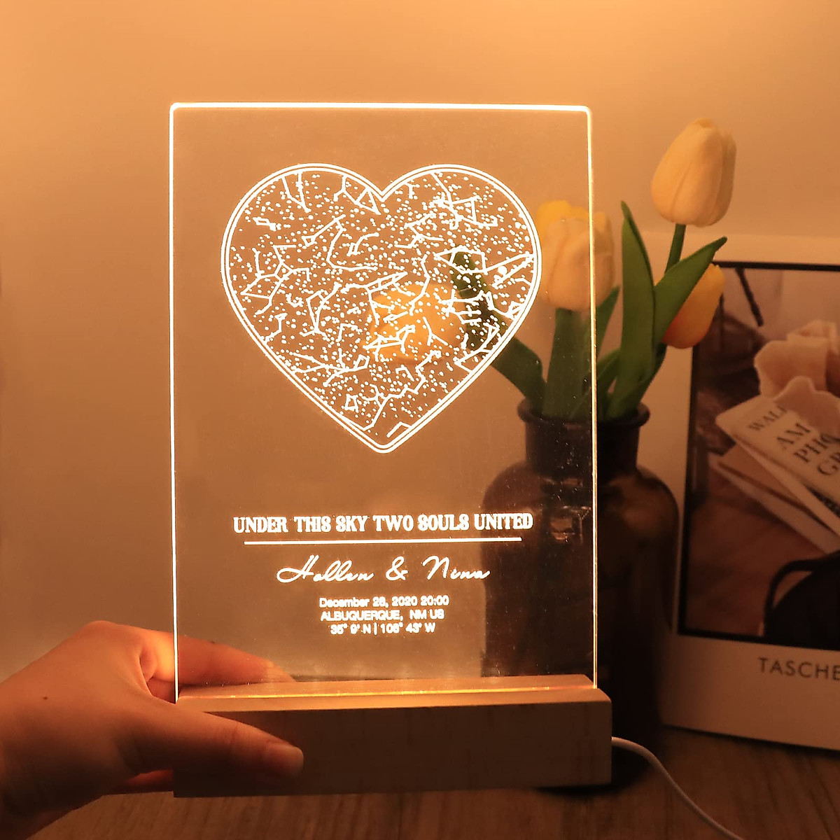 ALBK Custom Star Map - Personalized Star Constellation Map with Light Art Print Acrylic Plaque Led Gift for Special Date Couples Anniversary Engagement Birthday Heart Shape