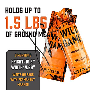 Klarny Outdoors Wild Game Freezer Bags for Ground Meat or Venison, 1.5 LB Blaze Orange Camouflage Hunting Meat Packaging Storage System with Twist Ties for Preventing Freezer Burn (50 Bags)