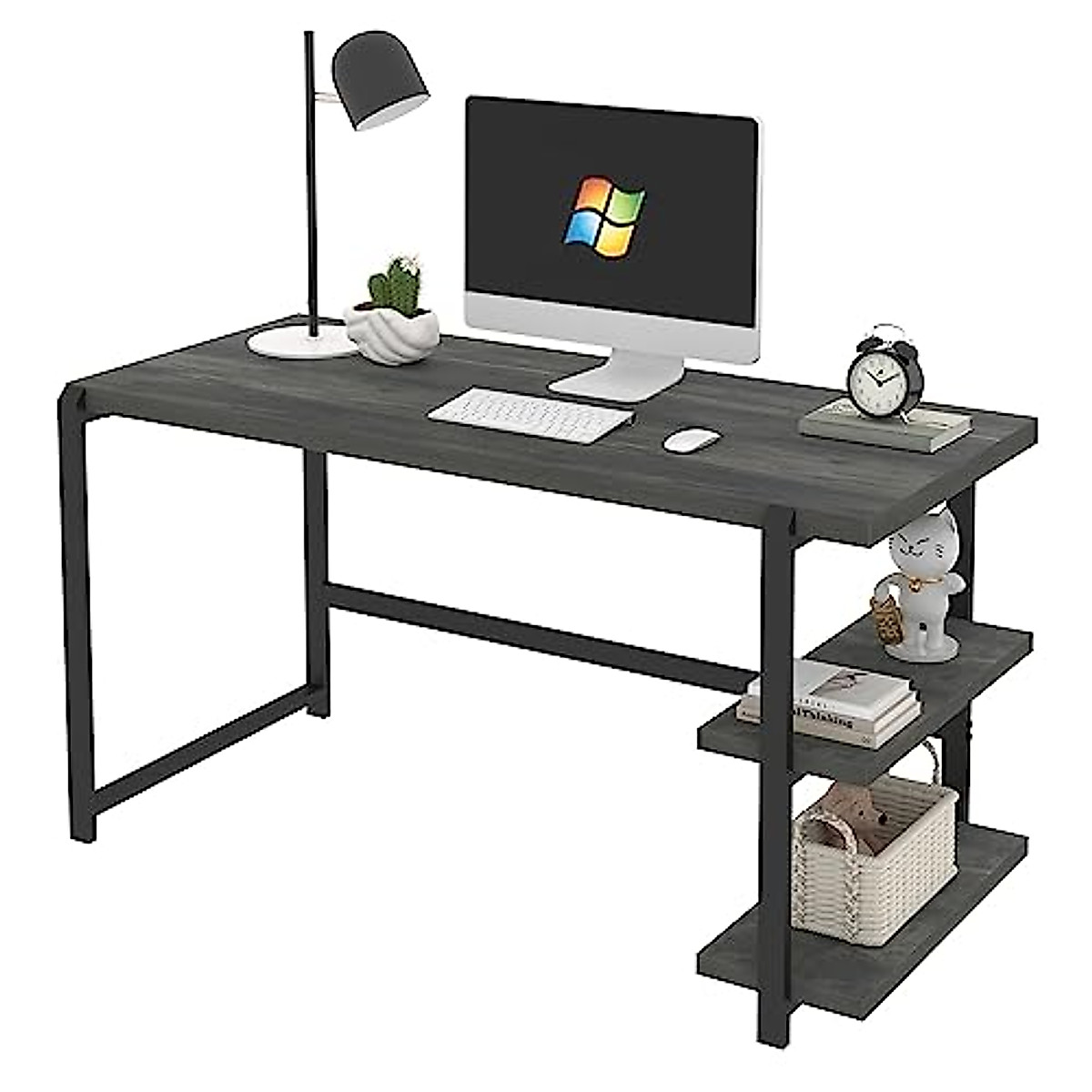 EXCEFUR Industrial Computer Desk with Shelves, 55 inch Rustic Wood and Metal Work Study Writing Table for Home Office, Grey