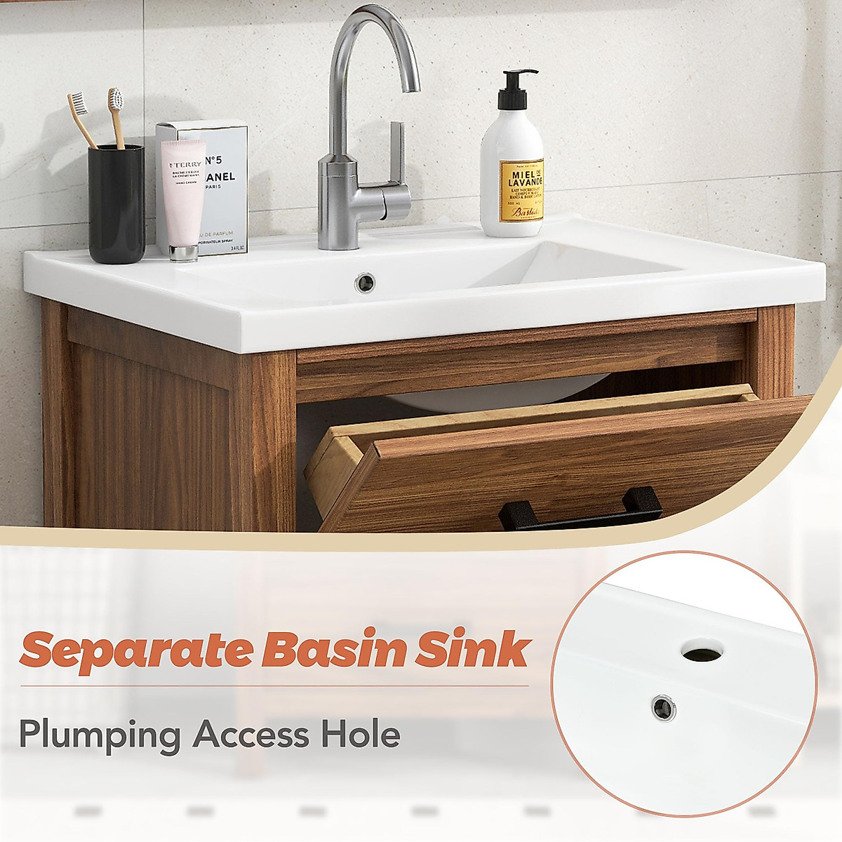 Beardslee 24" Bathroom Vanity with Sink, Modern Bathroom Storage Cabinet with 3 Drawers, Brown Natural Wood Bath Vanity w/Ceramic Sink for Small Space (Natural Wood)