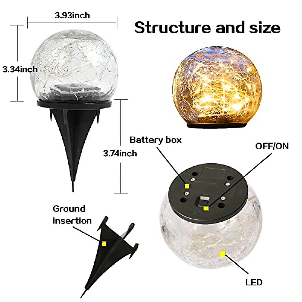 TOMEX Solar Garden Lights, Cracked Glass Ball Waterproof Warm White LED for Outdoor Decor Decorations Pathway Patio Yard Lawn, 1Pack (3.9")