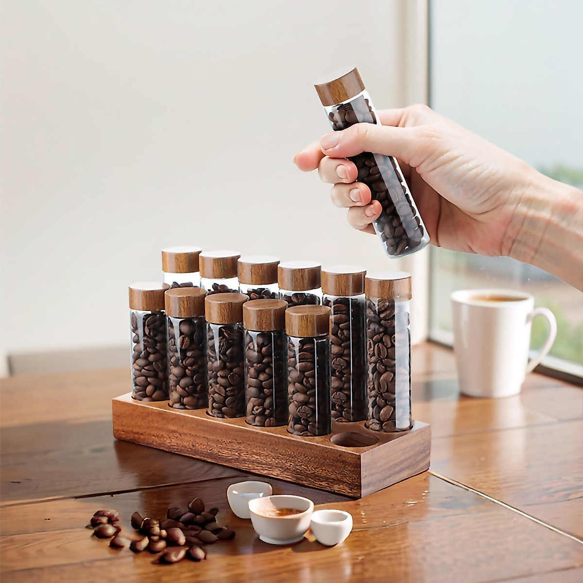 TREELF Coffee Bean Storage,Coffee Storage Container with Walnut Solid Wood Base,Coffee Bean Container,12 Tubes Single Dose with Wooden Holder(Type 2)