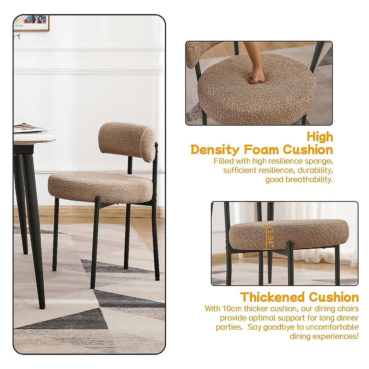 EDWELL Dining Chairs Set of 4, Round Upholstered Dining Room Chairs, Curved Backrest Boucle Dining Chair for Kitchen, Living Room, Mid Century Modern Dining Chairs with Black Metal Legs