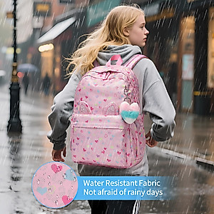 Reqinqin Kids Backpack Girls And Boys Pink Waterproof Large Space School Backpack Suitable for Age for Over 6 Years old Lightweight Travel Cat Ear Heart Keychain Toddler Backpack（Pink Heart）
