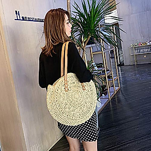 Large Bag Round Straw Beach Bag,Women Holiday Woven Tote Bag,Handle Shoulder Rattan Bag (White)