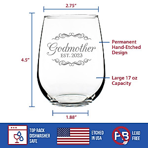 Godmother Est 2023 - New Godmother Stemless Wine Glass Proposal Gift for First Time Godparents - Decorative 17 Oz Large Glasses