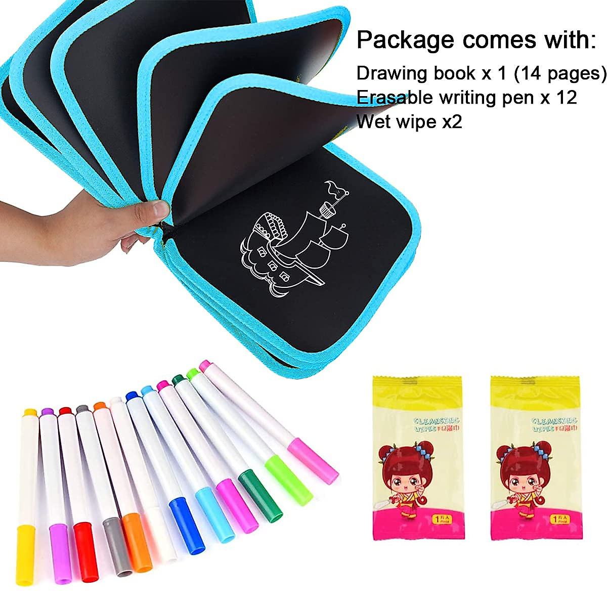 T-Antrix Kids Erasable Doodle Book Set, Reusable Drawing Pads, Preschool Travel Art Toy Scribbler Board for Travel, Road Trip, 14 Pages with 12 Watercolor Pens