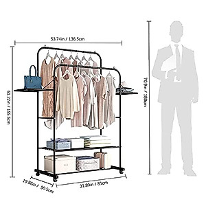 STONCEL Clothing Rack with Shelves, Portable Garment Rack on Wheel, Double Rails Rolling Clothes Rack for Hanging Clothes, 31.8 x 19.8 x 61.2 Inches (White)