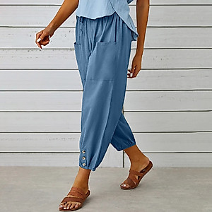 Lightweight Casual Summer Pants for Women Trendy Elastic High Waisted Cotton Linen Cropped Pant Trousers Loose Comfy