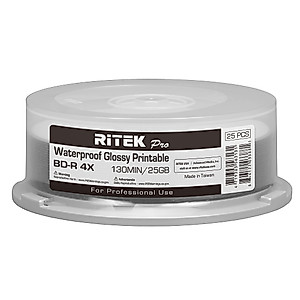 25 Pack Ritek Pro (Professional Grade) BD-R Blu-ray 4X 25GB Watershield Water Resistant Glossy White Inkjet Hub Printable Blank Recordable Disc