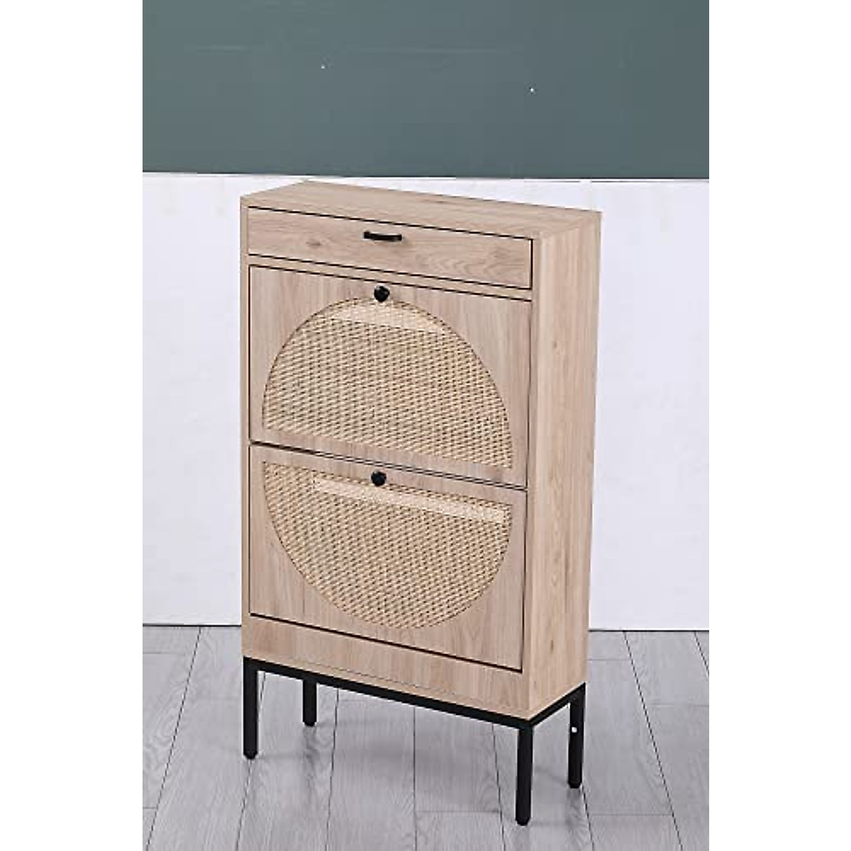 Brafab Shoe Storage Cabinet with 2 Flip Drawers&1 Small Drawer, Slim Entryway Shoe Organizer with Half Round Woven Rattan Doors for Sneakers…