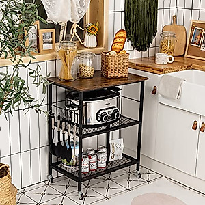 Giantex Microwave Cart 3-Tier W/Storage Shelf and Rolling Casters, Industrial Style Metal Frame for Kitchen, Living Room Accent Furniture for Living Room Rolling Serving Cart (Net-Brown)