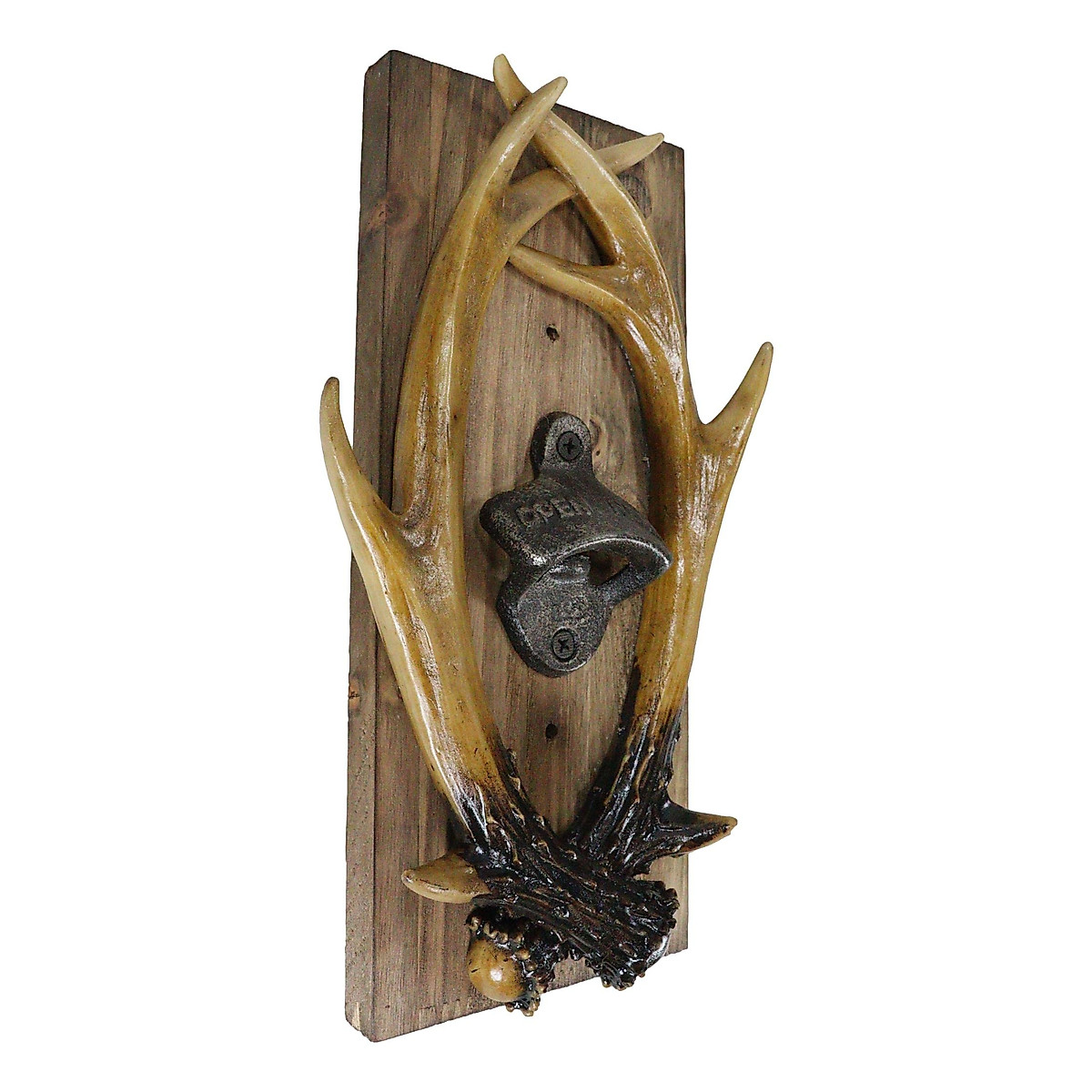 Ebros Rustic Western Faux Entwined Hunter's Stag Deer Antlers Trophy Mounted On Wood Plank Vintage Style Soda Beer Bottle Cap Cast Metal Opener 10.75" High Buck Deers Cabin Lodge Country Wall Plaque