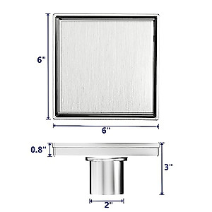 Neodrain 6-Inch Square Shower Drain with Removable Tile Insert Grate,Brushed 304 Stainless Steel, with Watermark&CUPC Certified, Includes Hair Strainer